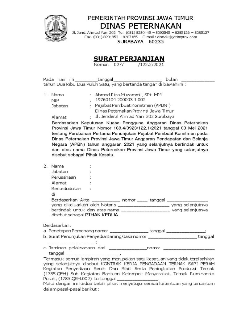 Draft Surat Perjanjian Sapi Perah | PDF