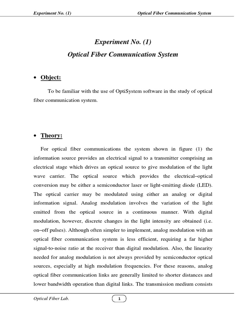 Experiment No. (1) Optical Fiber Communication System: Object | PDF ...