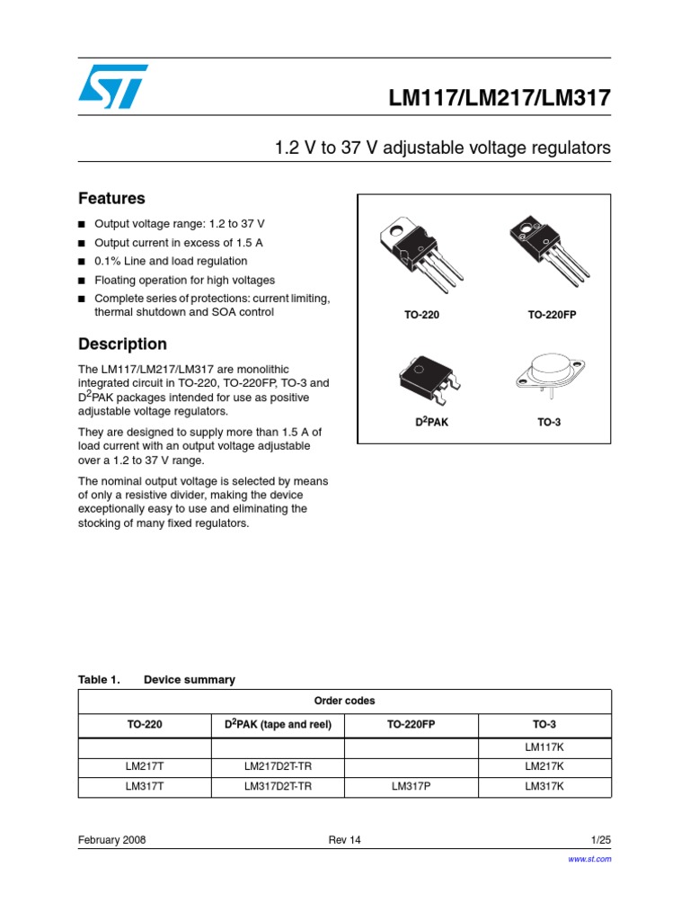 LM117/LM217/LM317: 1.2 V To 37 V Adjustable Voltage Regulators | PDF