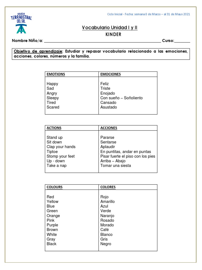 Vocabulario de Inglés Kindergarten | PDF | Hojas de estilo en cascada ...