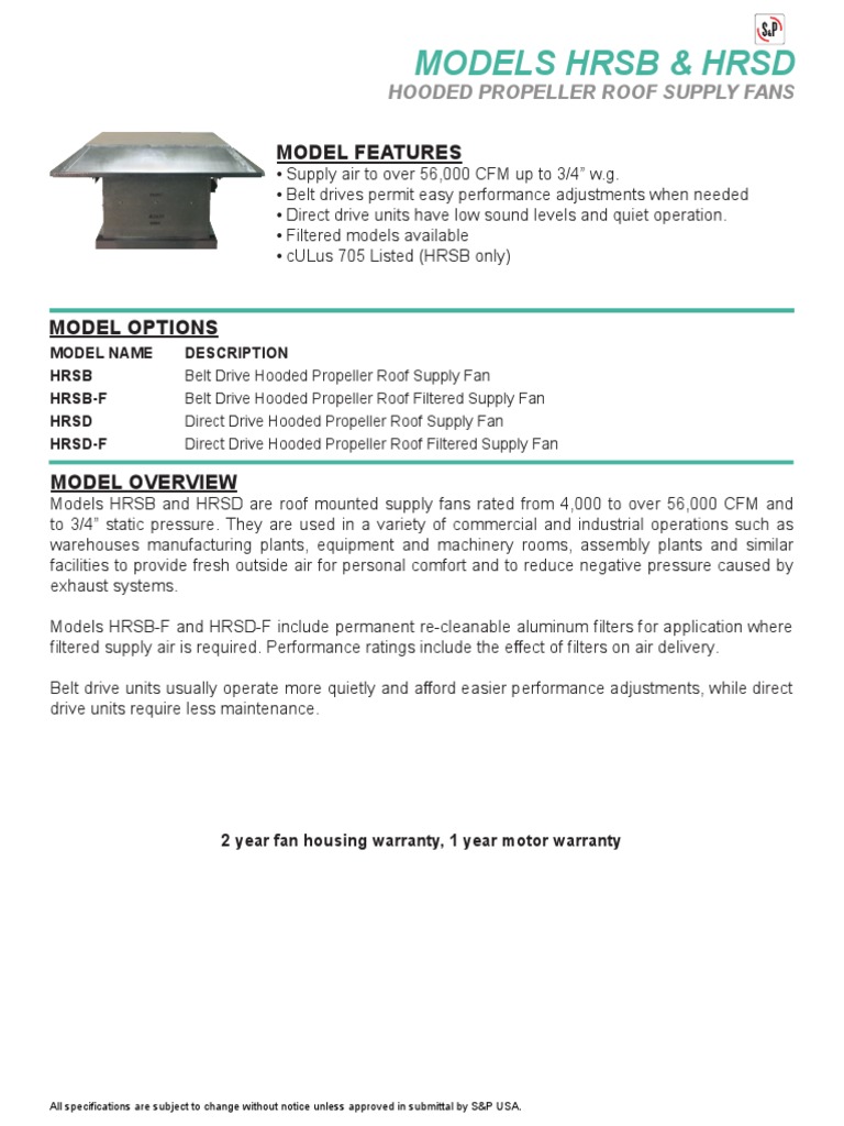 Models HRSB & HRSD: Model Features | PDF | Horsepower | Roof