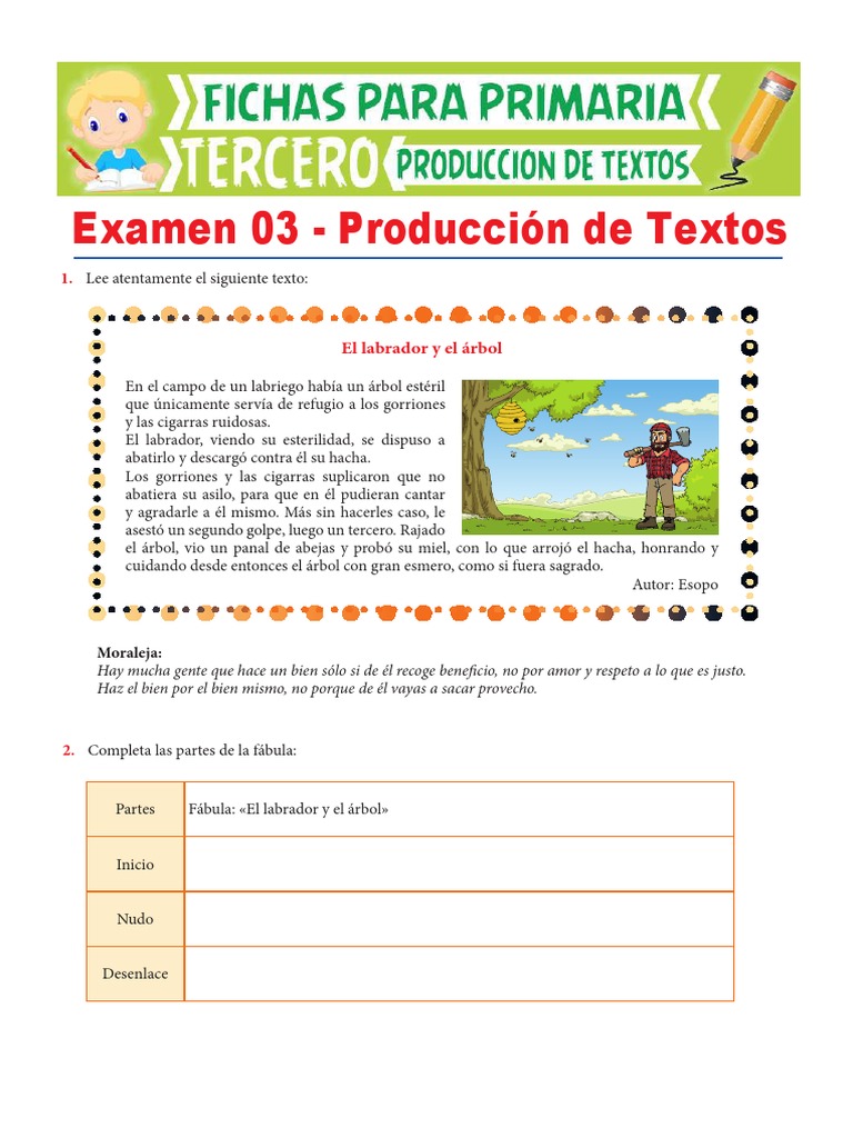 Examen 03 de Producción de Textos para Tercero de Primaria | PDF