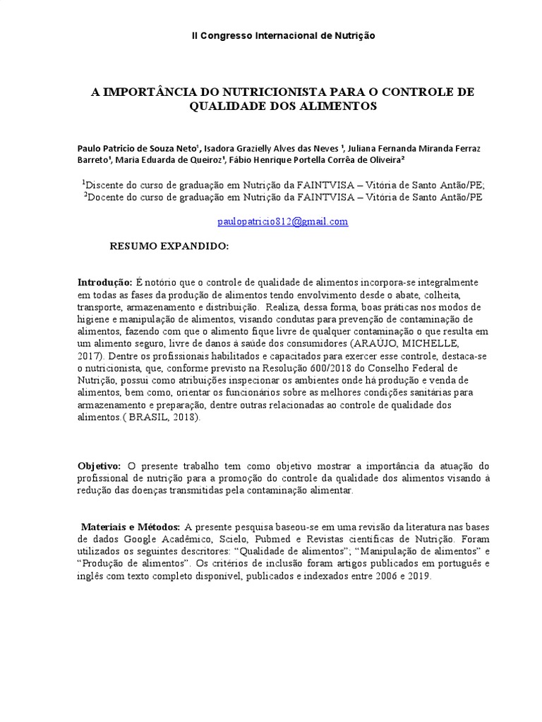 A Importância Do Nutricionista para o Controle de Qualidade de ...