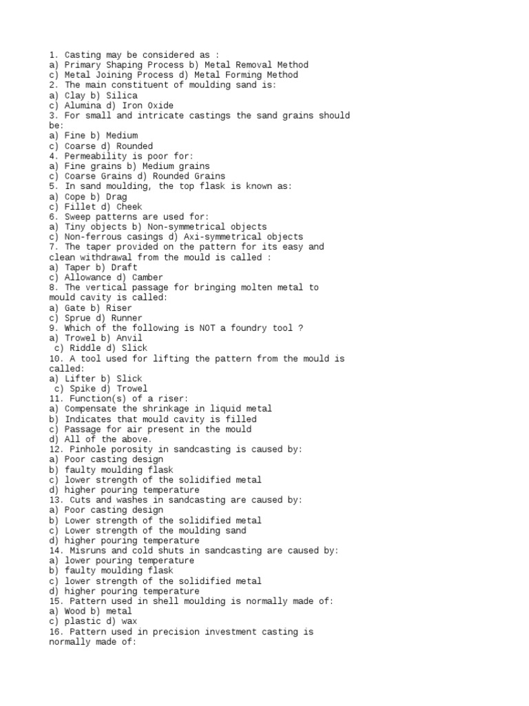 Foundry Interview Questions and Answers | PDF | Casting (Metalworking ...