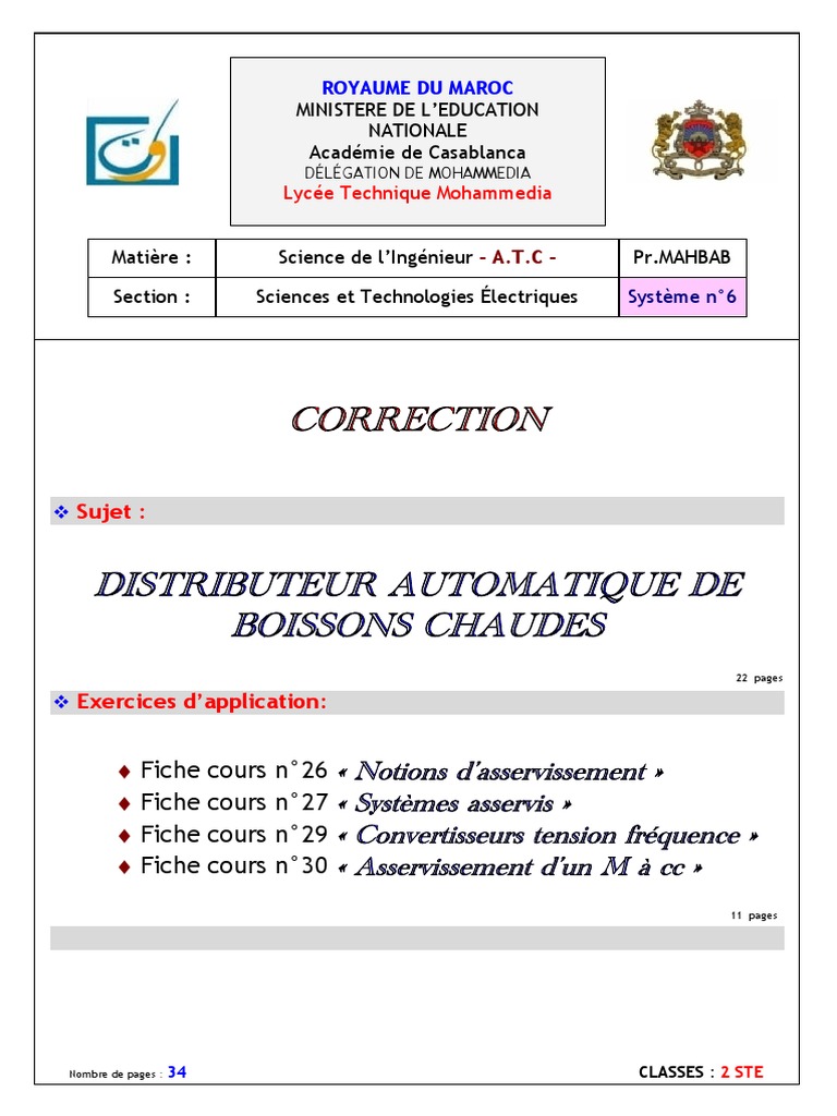 2STE Distibuteur Boissons CORRECTION | PDF | Filtre (électronique) | Café