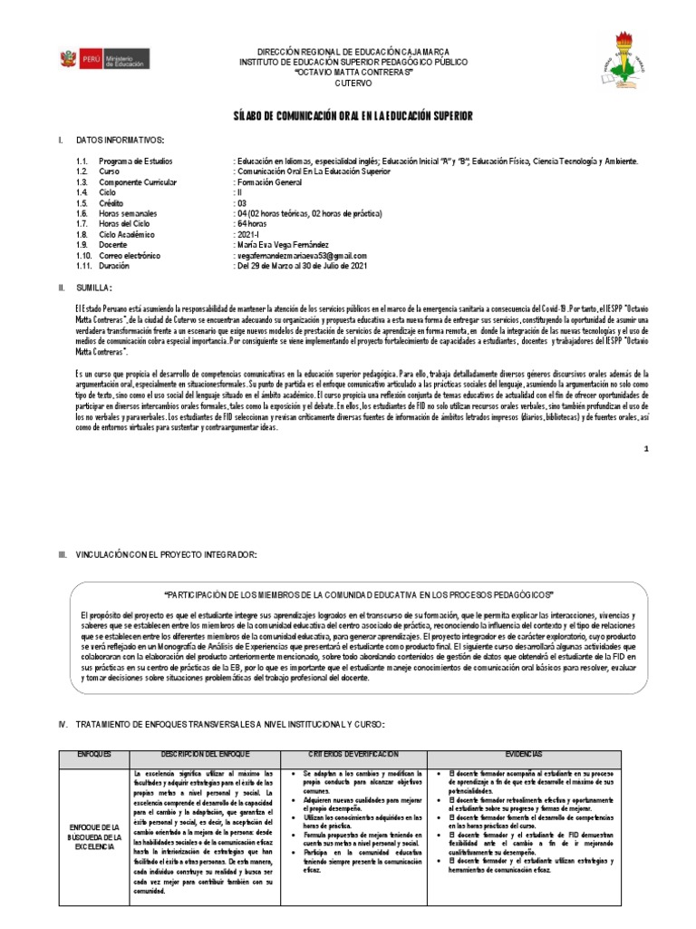 Silabus Comunicacion Oral en Educ. Sup. Iiciclo 2021 | PDF | Interculturalidad | Evaluación