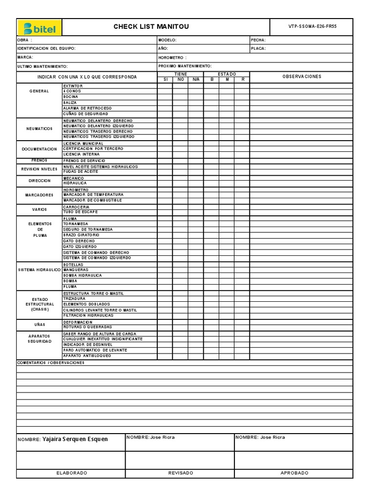 Check List Manitou | PDF | Vehículo de motor | Vehículos