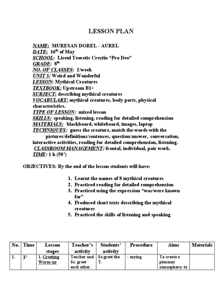Mythical Creatures Lesson Plan | PDF | Reading Comprehension | Teaching