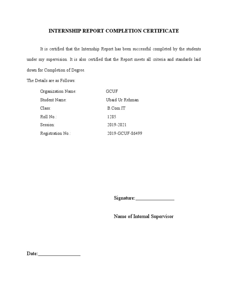 Internship Report Completion Certificate | PDF