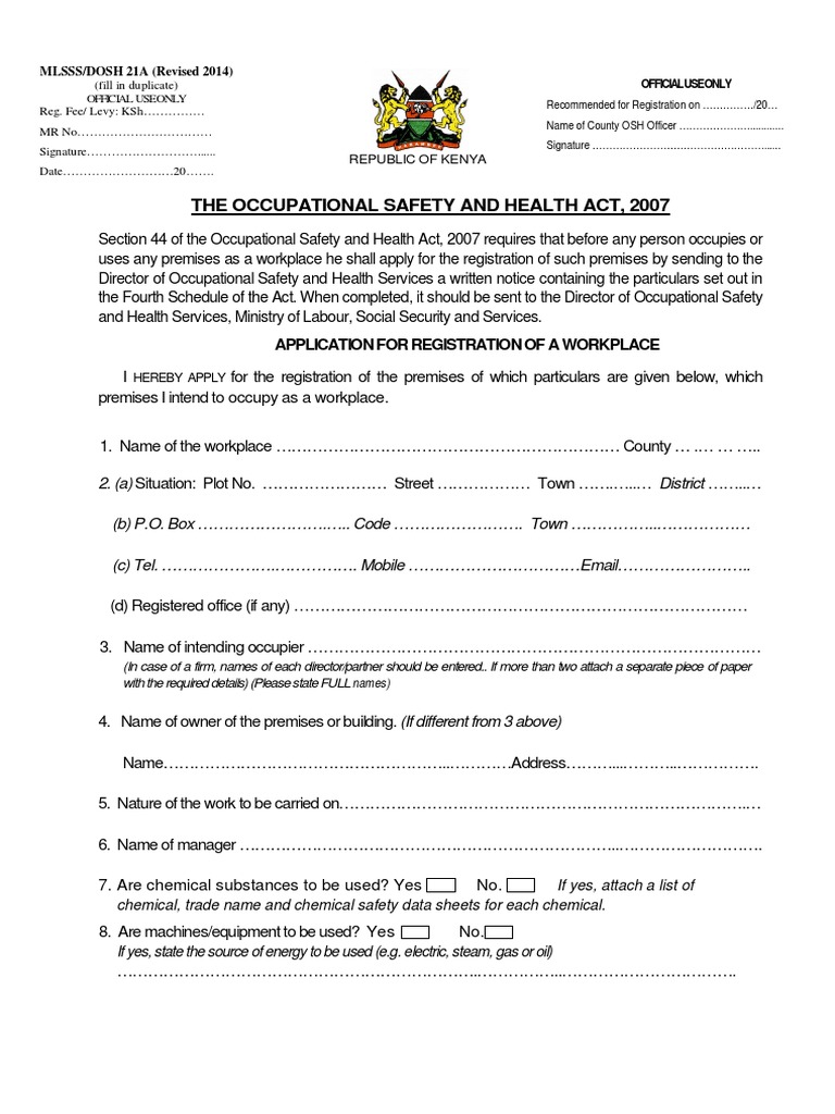 DOSH 21A Revised 2018 Workplace Registration Form | PDF | Occupational ...