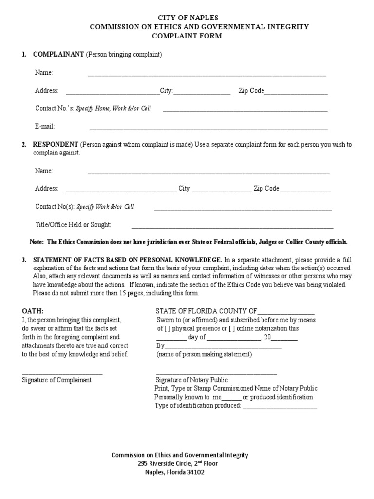 Naples Ethics Commission Complaint Form - Adopted On June 25, 2021 ...