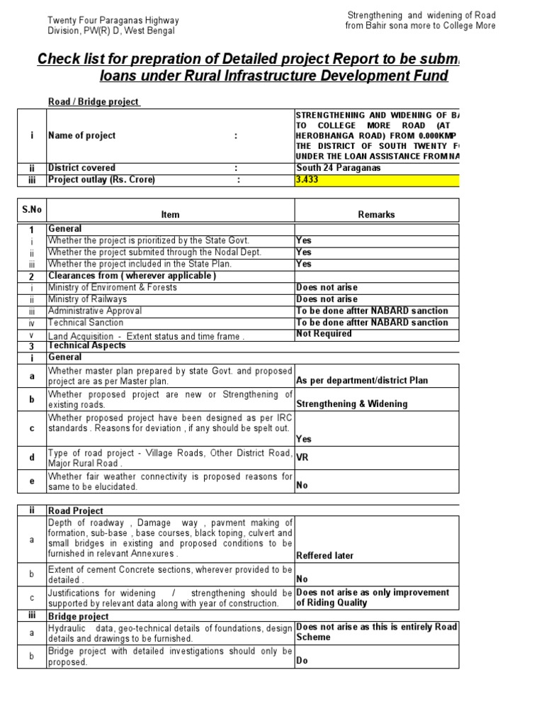 Check List For Prepration of Detailed Project Report To Be Submitted ...