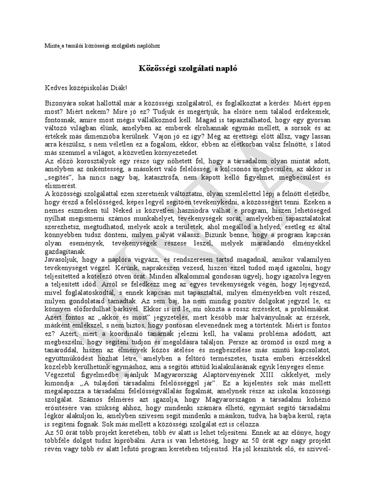 Kozossegi Szolgalati Naplo Sablon | PDF
