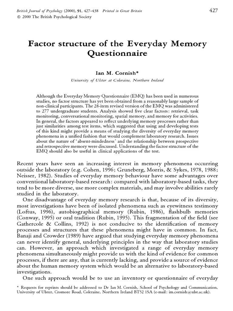 Factor Structure Of The Everyday Memory Questionnaire Cornish2000 Download Free Pdf Factor 