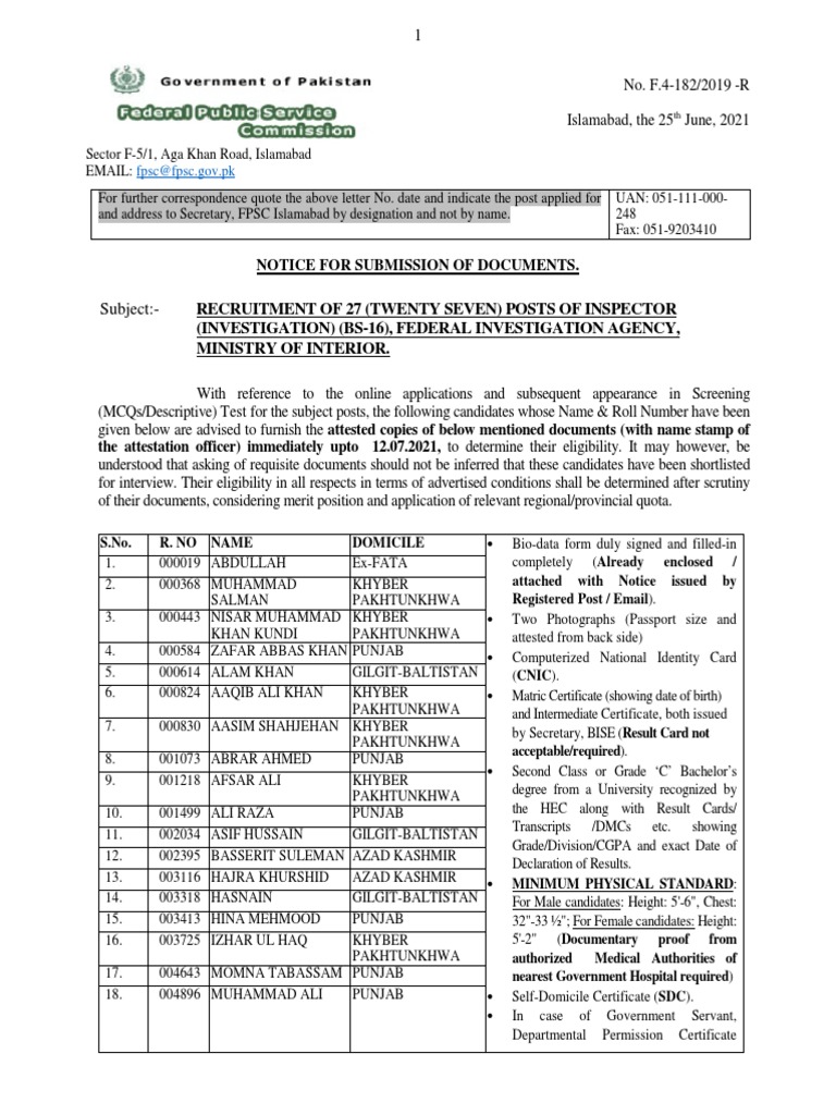 Notice For Submission of Documents: FPSC@FPSC - Gov.pk | PDF | Khyber ...