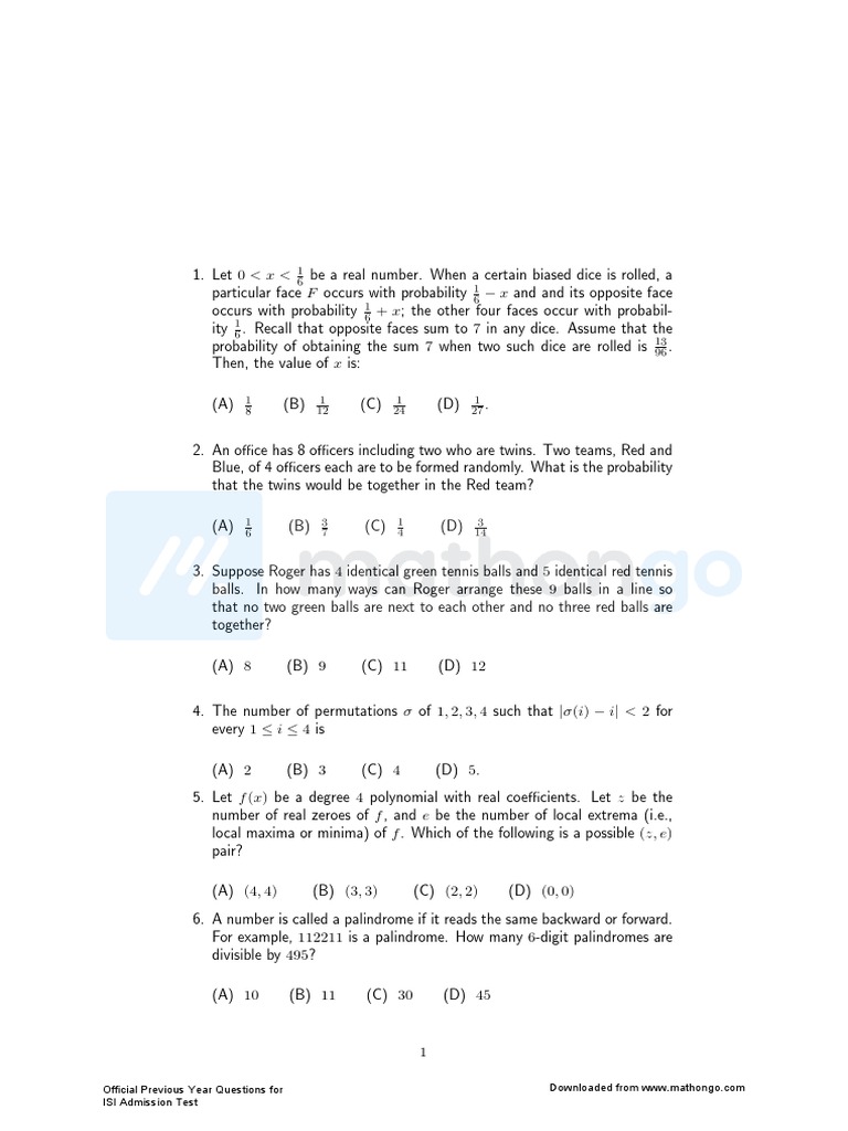 Official Previous Year Questions For ISI Admission Test | PDF | Maxima ...