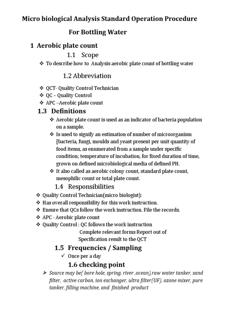 Micro Biological Analysis Standard Operation Procedure For Bottling ...