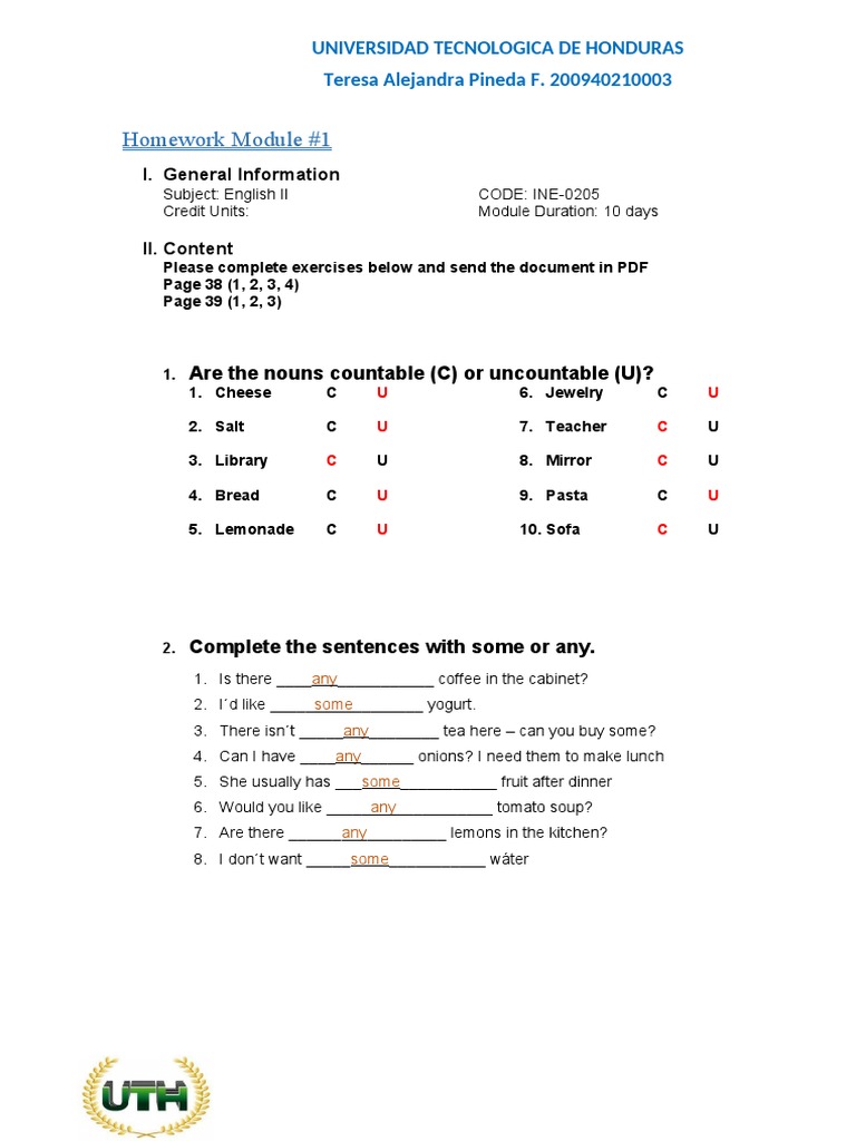 Homework Module #1: Are The Nouns Countable (C) or Uncountable (U ...