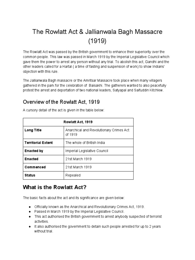 The Rowlatt Act & Jallianwala Bagh Massacre (1919) | PDF | British Raj ...