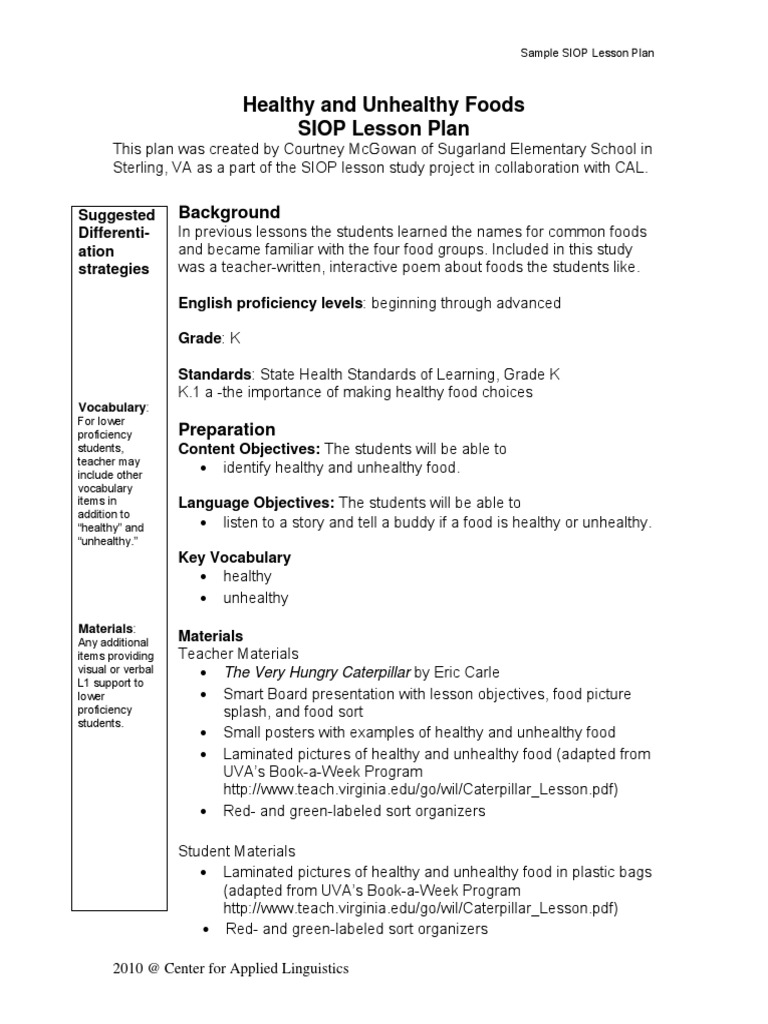 Healthy and Unhealthy Foods SIOP Lesson Plan: Background | PDF | Lesson ...