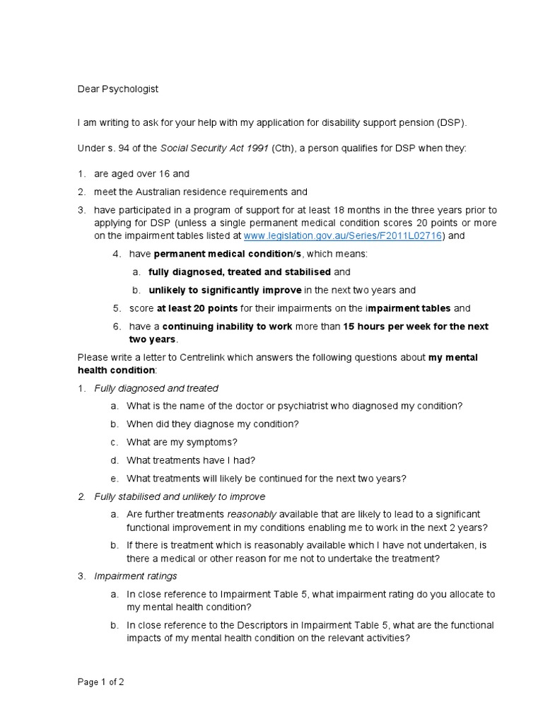 Request for DSP Support Letter | PDF | Disability | Mental Health