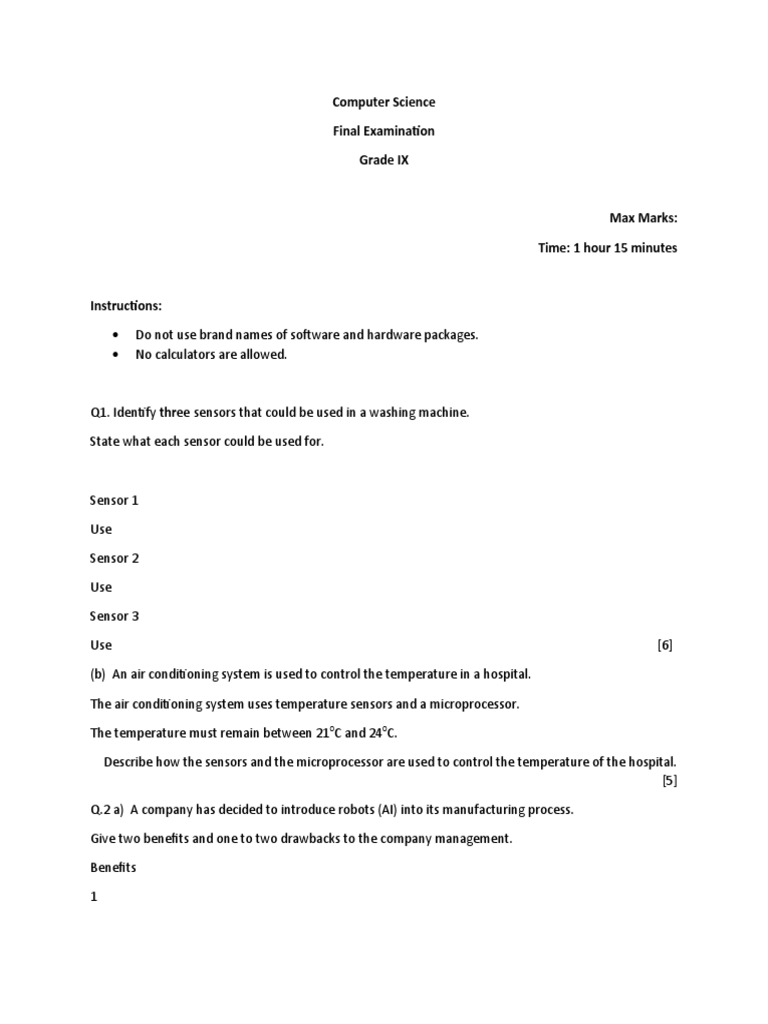 Computer Science Final Examination Grade IX | PDF | Artificial ...