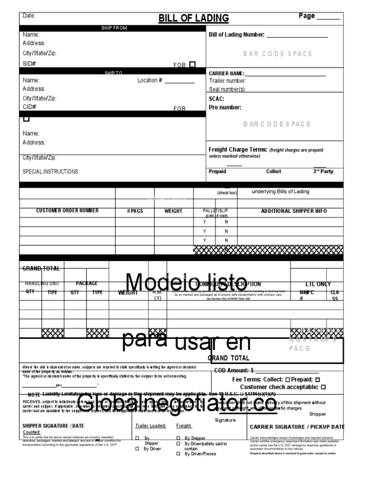 Modelo de Documento de Transporte Bill of Lading | PDF | Cargo | Trade