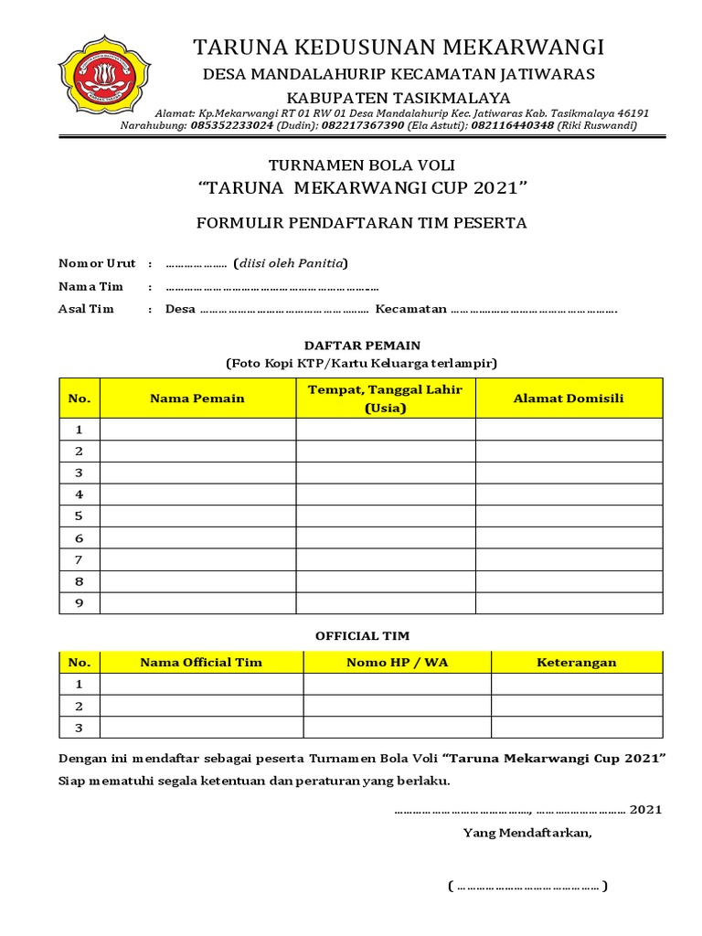 Formulir Pendaftaran Tim - Turnamen Bola Voli 2021 | PDF