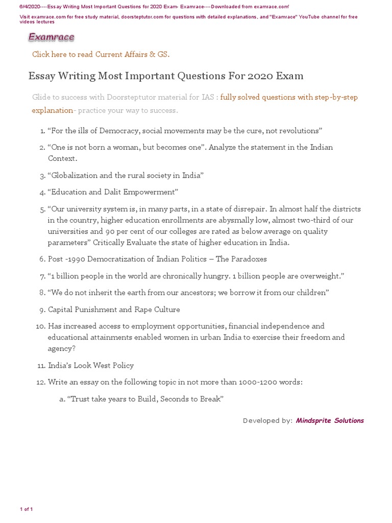Essay Writing Most Important Questions For 2020 Exam: Examrace | PDF ...