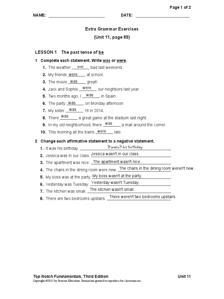 Extra Grammar Exercises (Unit 11, Page 89) : Top Notch Fundamentals, Third Edition | PDF