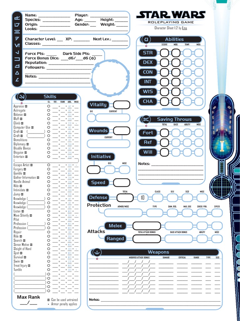 Star Wars RPG (D6) - Character Sheet v1.2 | PDF | Role Playing Games ...