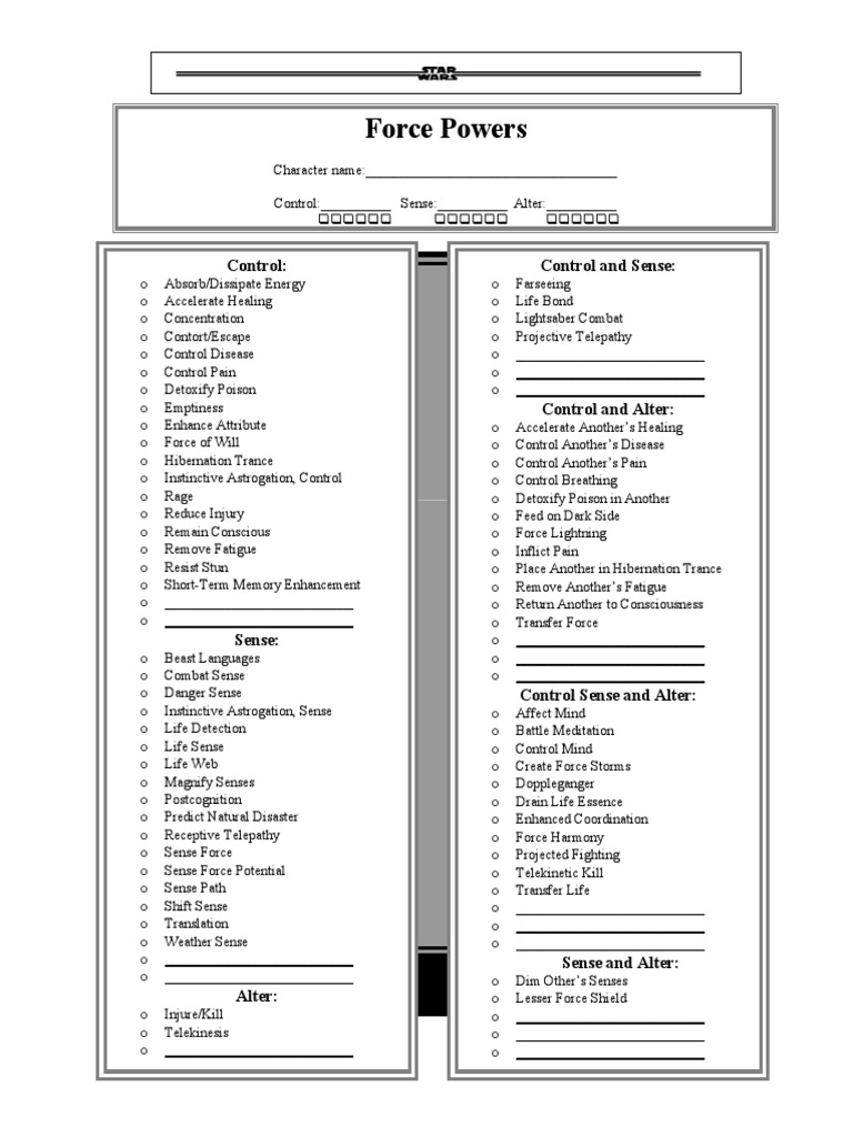 Star Wars RPG (D6) - Force Powers Sheet | PDF | Nature