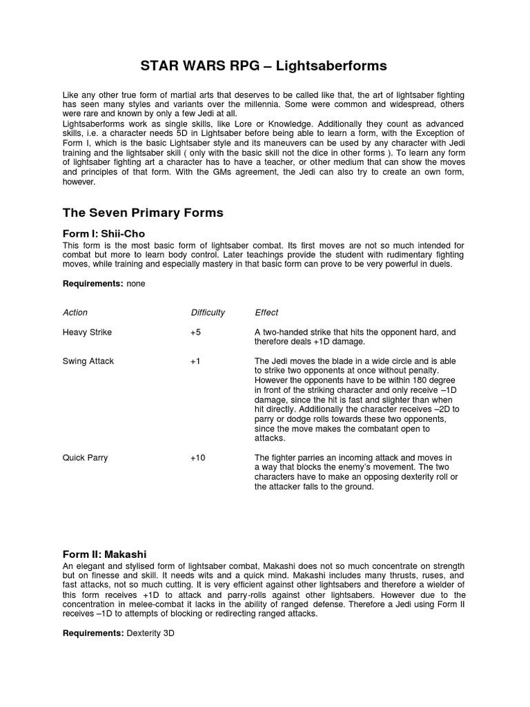 Star Wars RPG (D6) - Lightsaber Combat Forms | PDF | Weaponry | Leisure