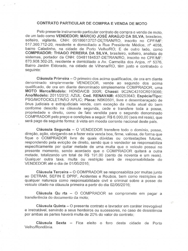 Contrato de Compra e Venda Da Moto | PDF