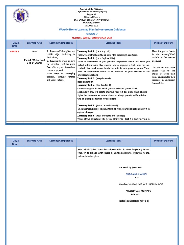 Weekly Home Learning Plan in Homeroom Guidance Grade 7 | PDF | Learning ...