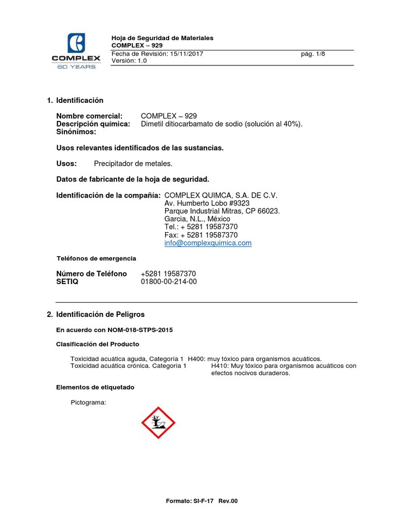 MSDS Complex-929 | PDF | Descomposición | Agua