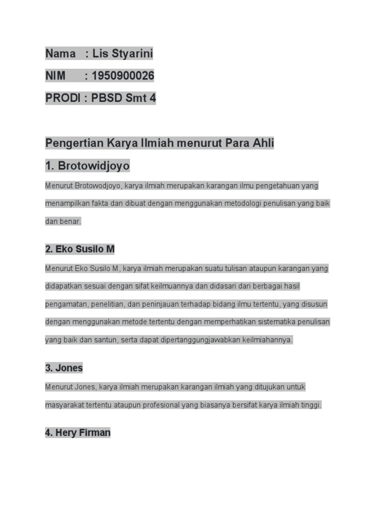 Pengertian Karya Ilmiah Menurut para Ahli | PDF | Sains & Matematika Pengertian Karya Ilmiah Menurut para Ahli | PDF | Sains & Matematika