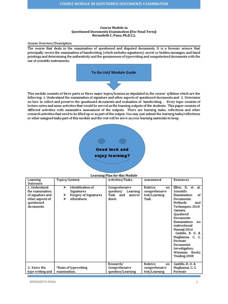 To Do List/ Module Guide: Course Module in Questioned Documents Examination (For Final Term ...