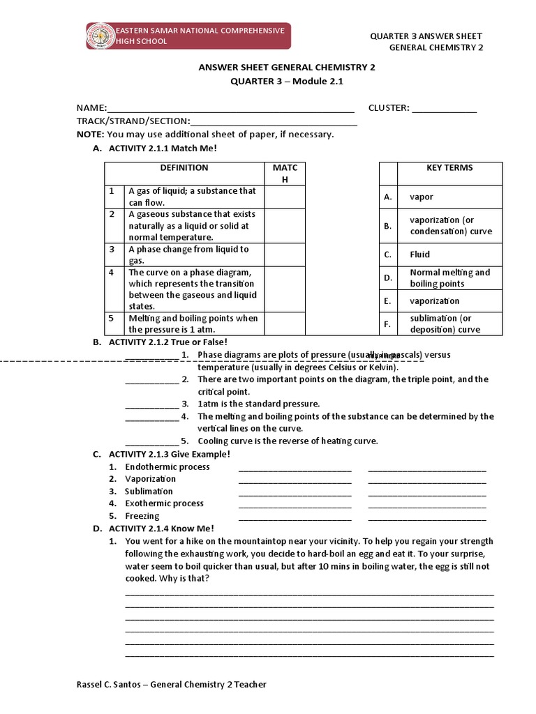 Answer Sheet General Chemistry 2 Set 2 | PDF | Solution | Branches Of ...