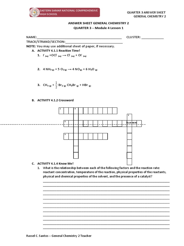Answer Sheet General Chemistry 2 Set 4 | PDF | Reaction Rate | Chemistry