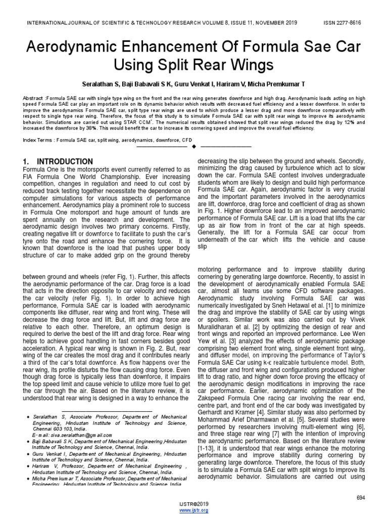 Aerodynamic Enhancement of Formula Sae Car Using Split Rear Wings | PDF | Lift (Force) | Fluid ...