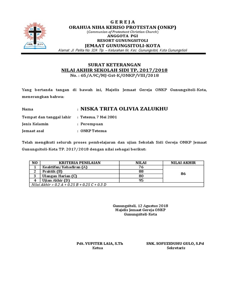 SURAT KETERANGAN NILAI AKHIR SEKOLAH SIDI 2018 Fix | PDF