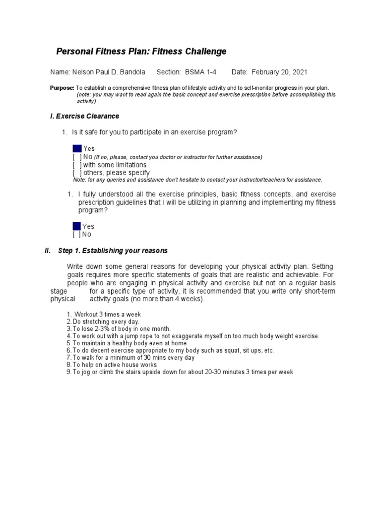 Personal Fitness Plan | PDF | Physical Fitness | Recreation