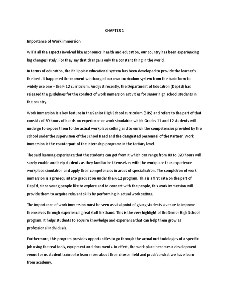 CHAPTER 1 Importance Of Work Immersion PDF Curriculum Schools