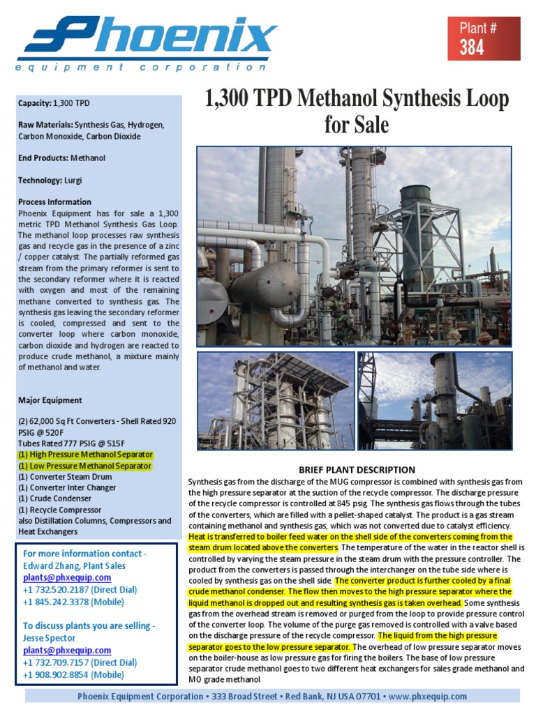 1,300 TPD Methanol Synthesis Loop X 00 | PDF | Methanol | Heat Exchanger