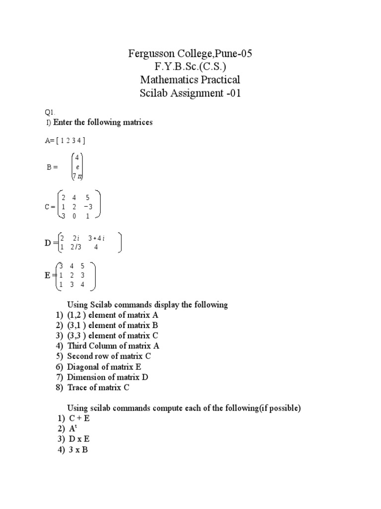 Scilab Matrix Operations Assignment | PDF | Teaching Methods & Materials | Computers