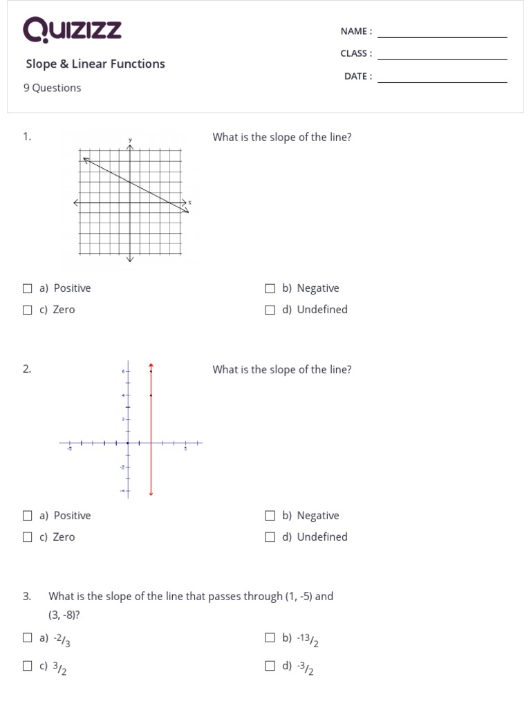 Slope and Linear Functions Quiz | PDF | Slope | Analytic Geometry