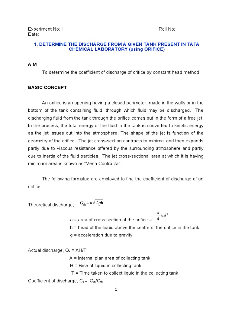 FM - Experiment 1 - Orifice (Constant Head) | PDF | Cross Section ...
