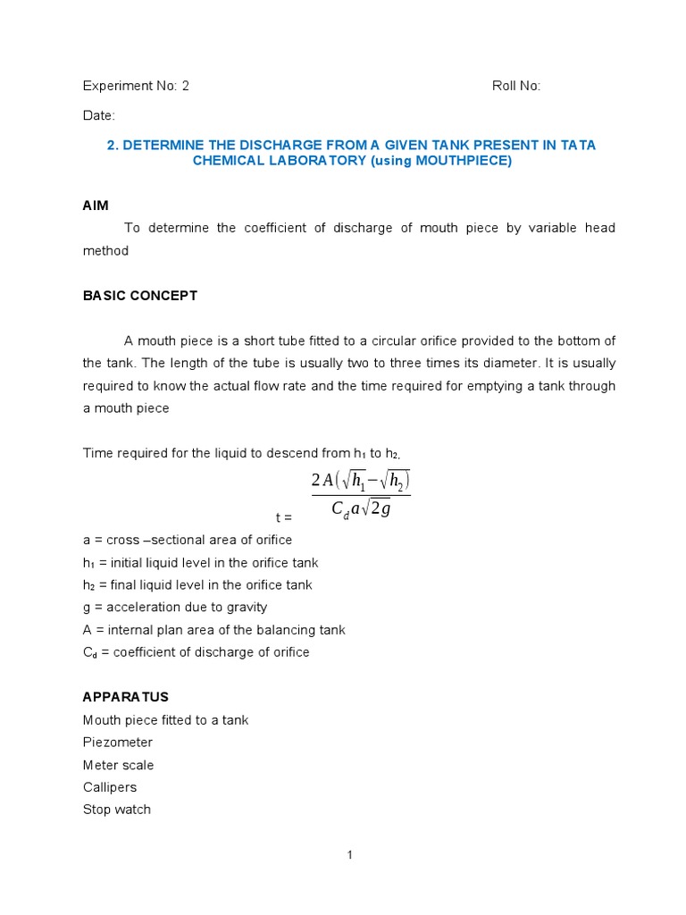 FM-Experiment 2 - Mouthpiece (Variable Head) | PDF | Discharge ...