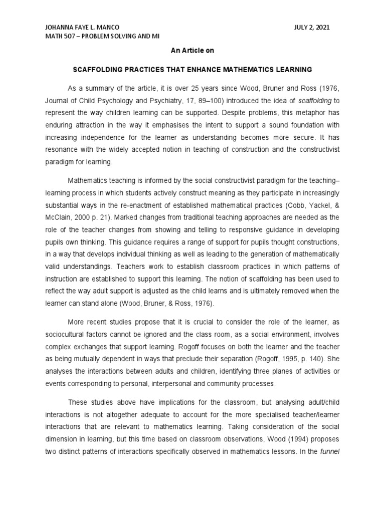 Scaffolding Practices That Enhance Mathematics Learning Pdf